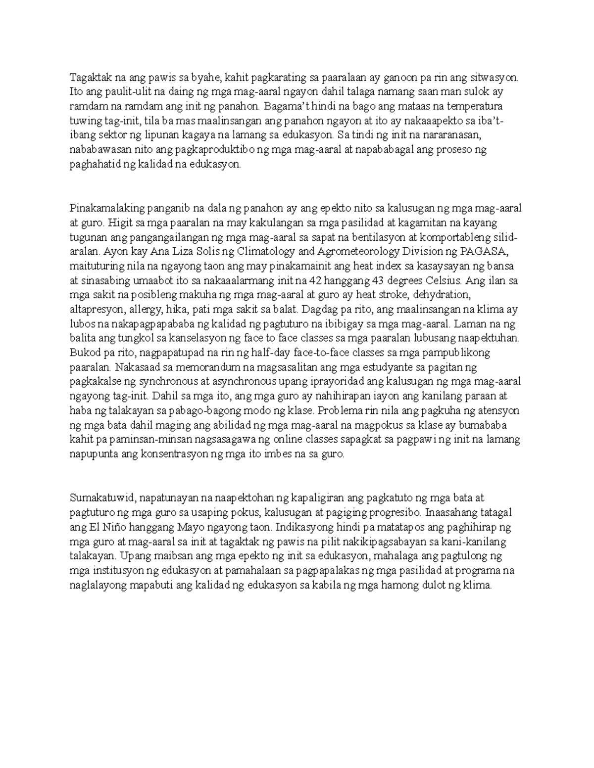 Epekto ng Matinding Init sa Edukasyon: Mga Hamon ng mga Mag-aaral - Studocu