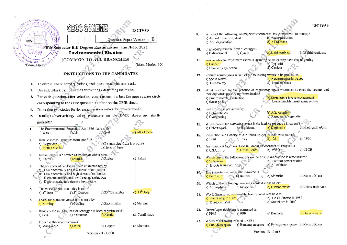 VTU Question Paper of 18CIV59 Environmental Studies Jan-2021 - Civil ...