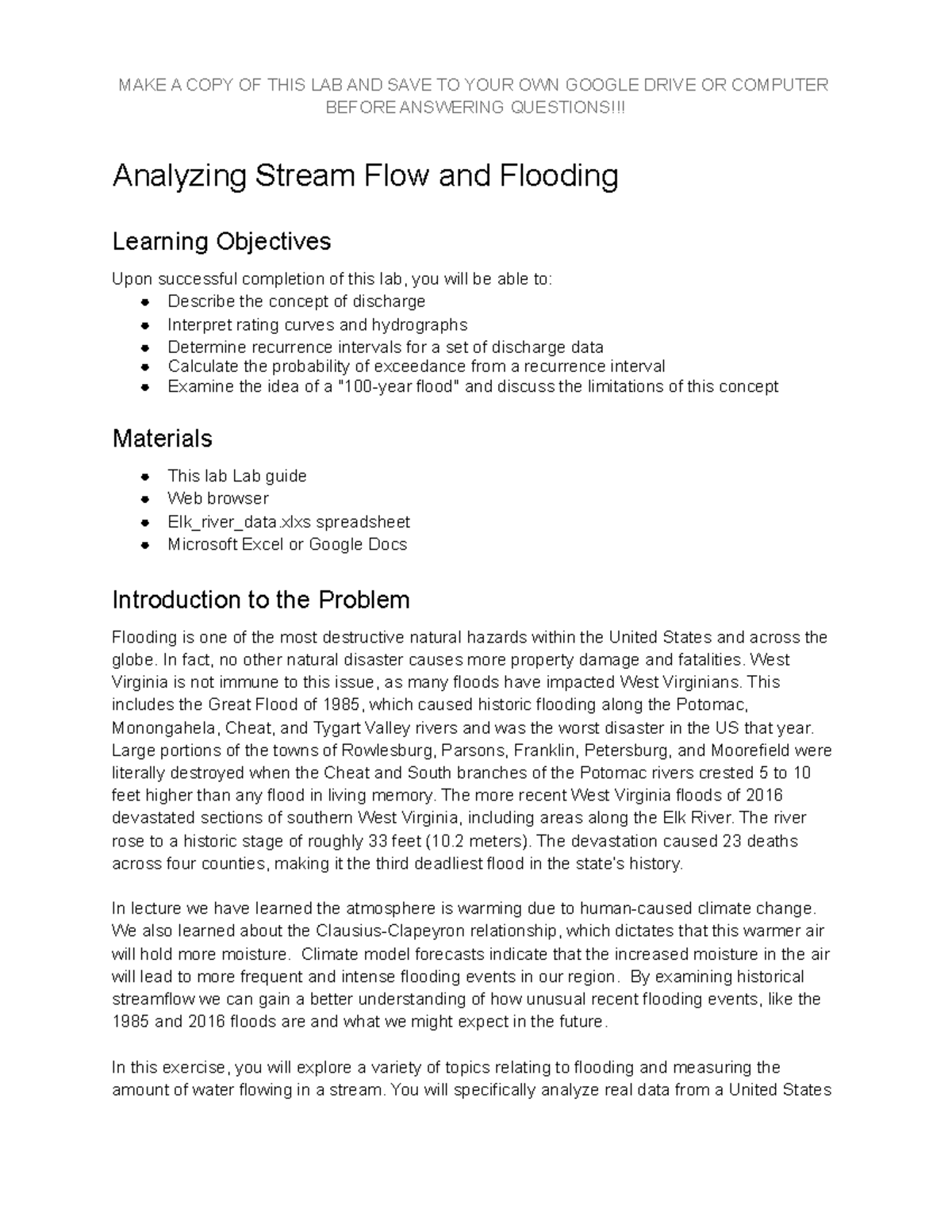 Copy of Stream Flow and Floods Guide - MAKE A COPY OF THIS LAB AND SAVE ...