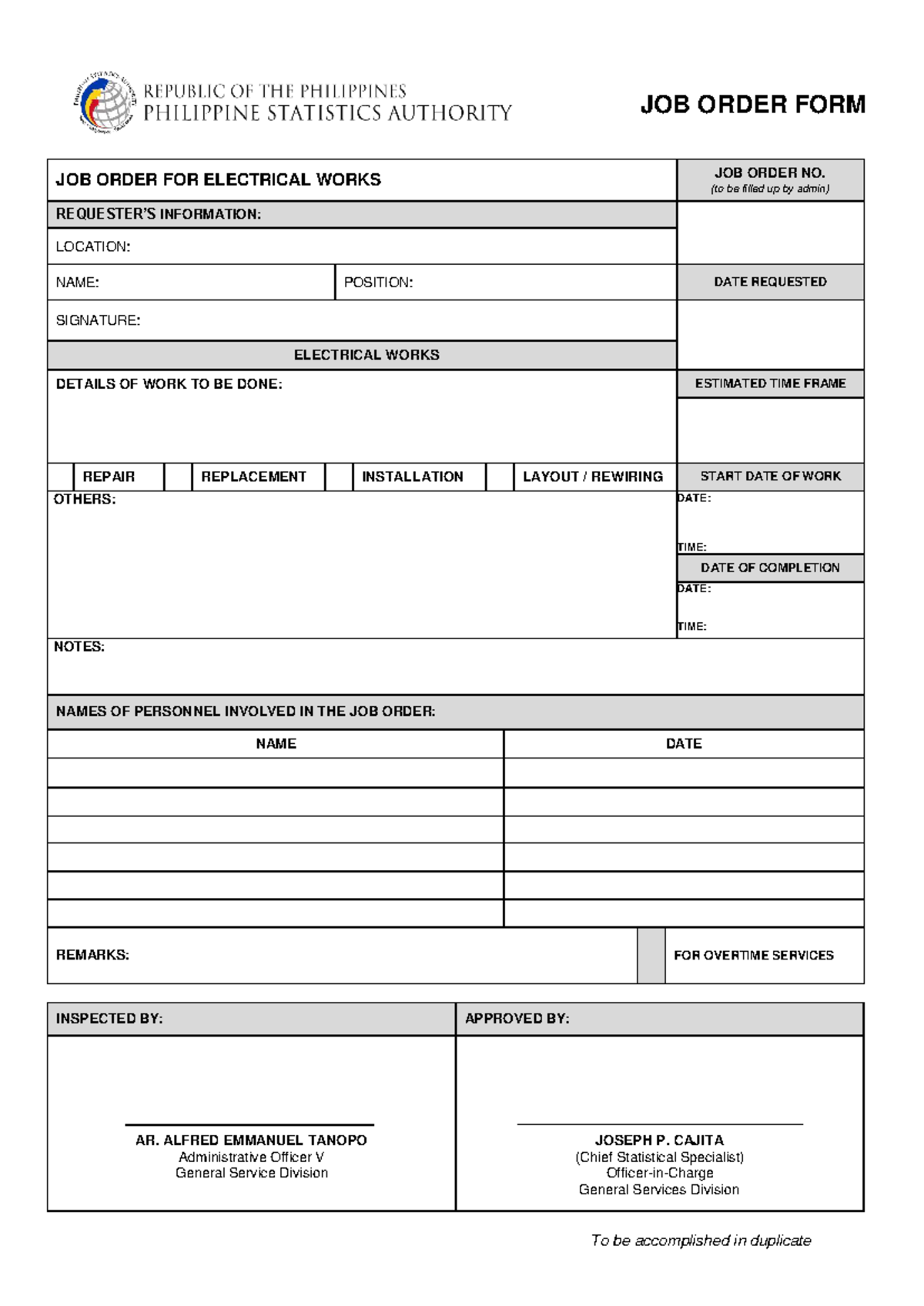 Job Order Form for Electrical Works - Nov 2024 - Studocu