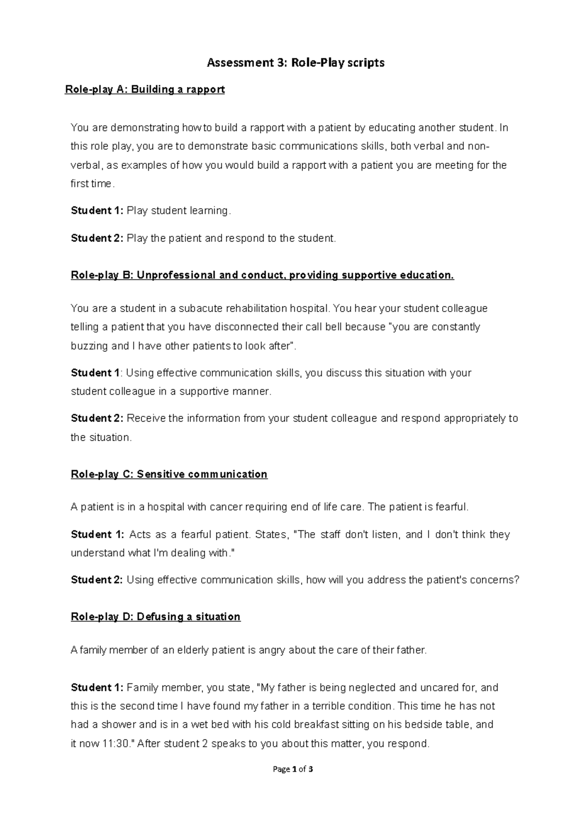 Assessment 3 Role Play Scenarios (1)1 - Assessment 3: Role-Play scripts ...