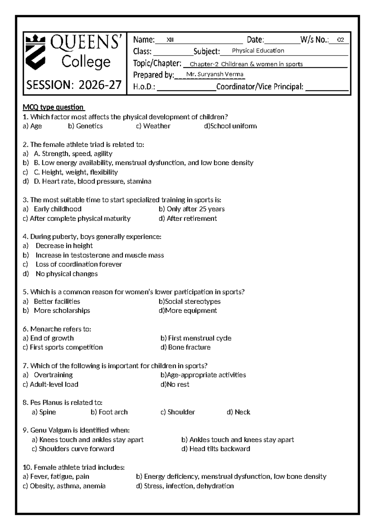 XII 02 Physical Education Chapter 2 Worksheet 1 - Practice Questions ...