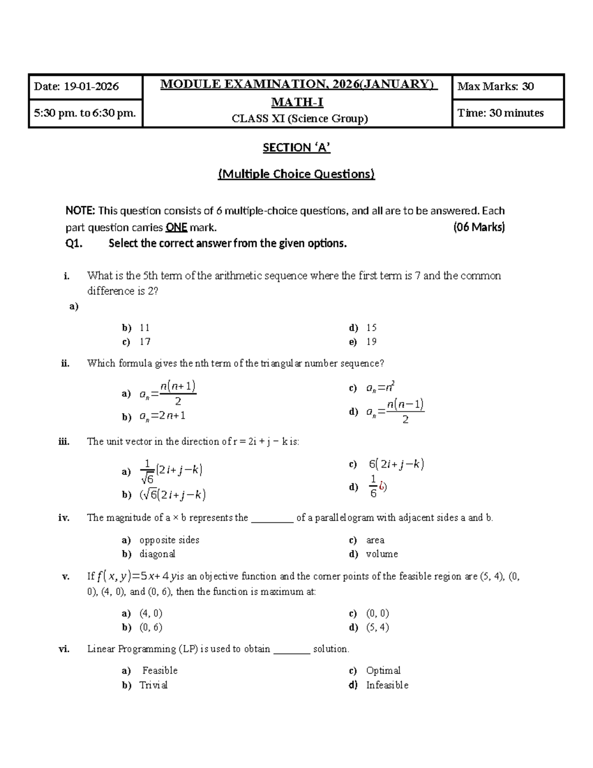 Maths 1 Dec 2026 Class XI Module Exam MCQs - Studocu