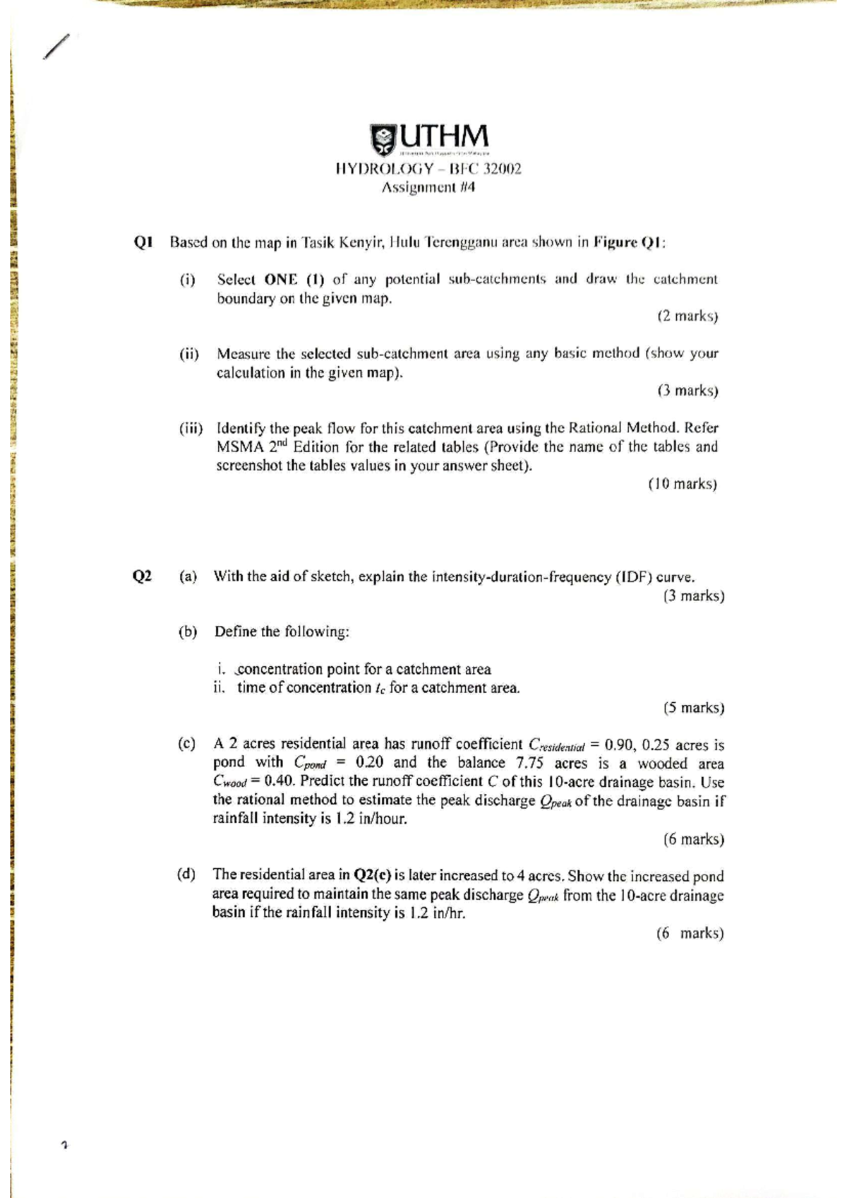 Hydrology Assignment BFC 32002: Catchment Analysis & IDF Curve - Studocu