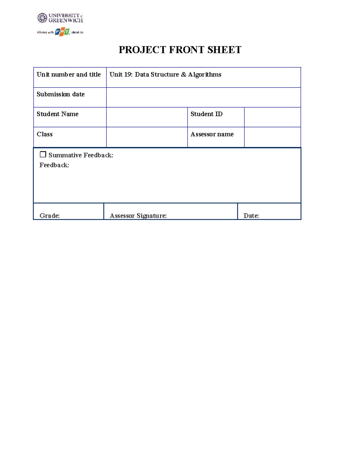 1 Project frontsheet - 1649 - PROJECT FRONT SHEET Unit number and title Unit 19: Data Structure ...