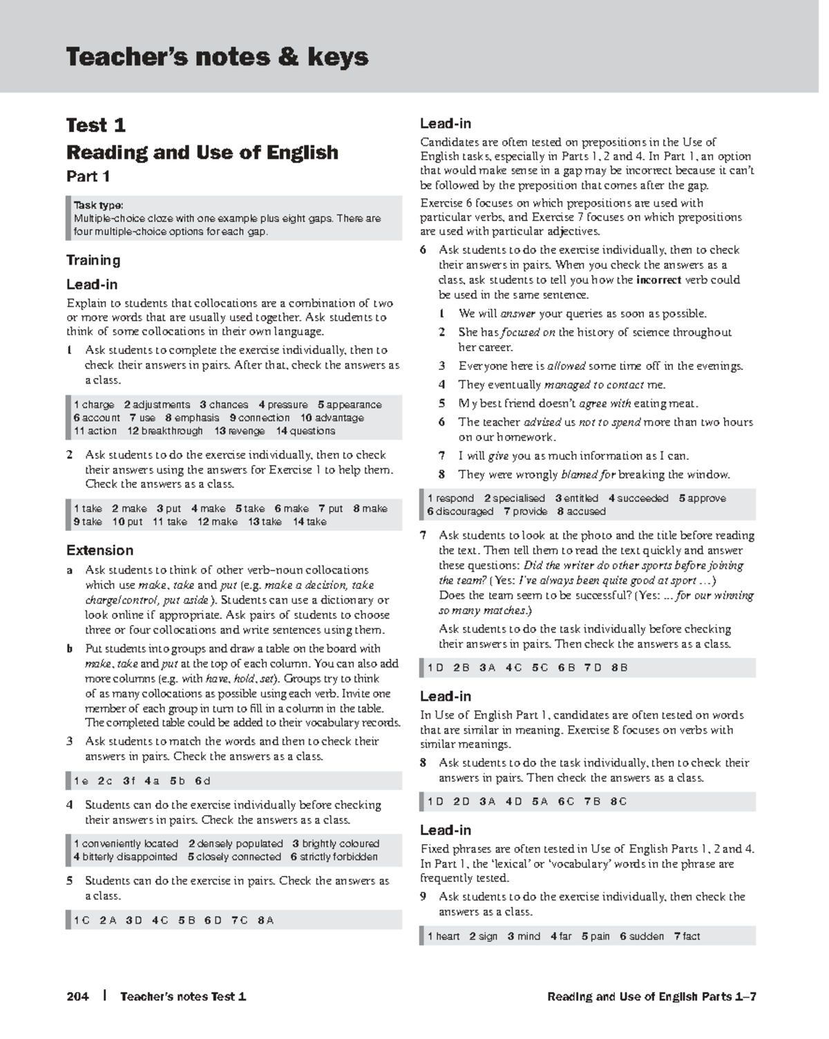 B2 First Trainer 3: Teacher Notes & Answer Key for Test 1 - Studocu