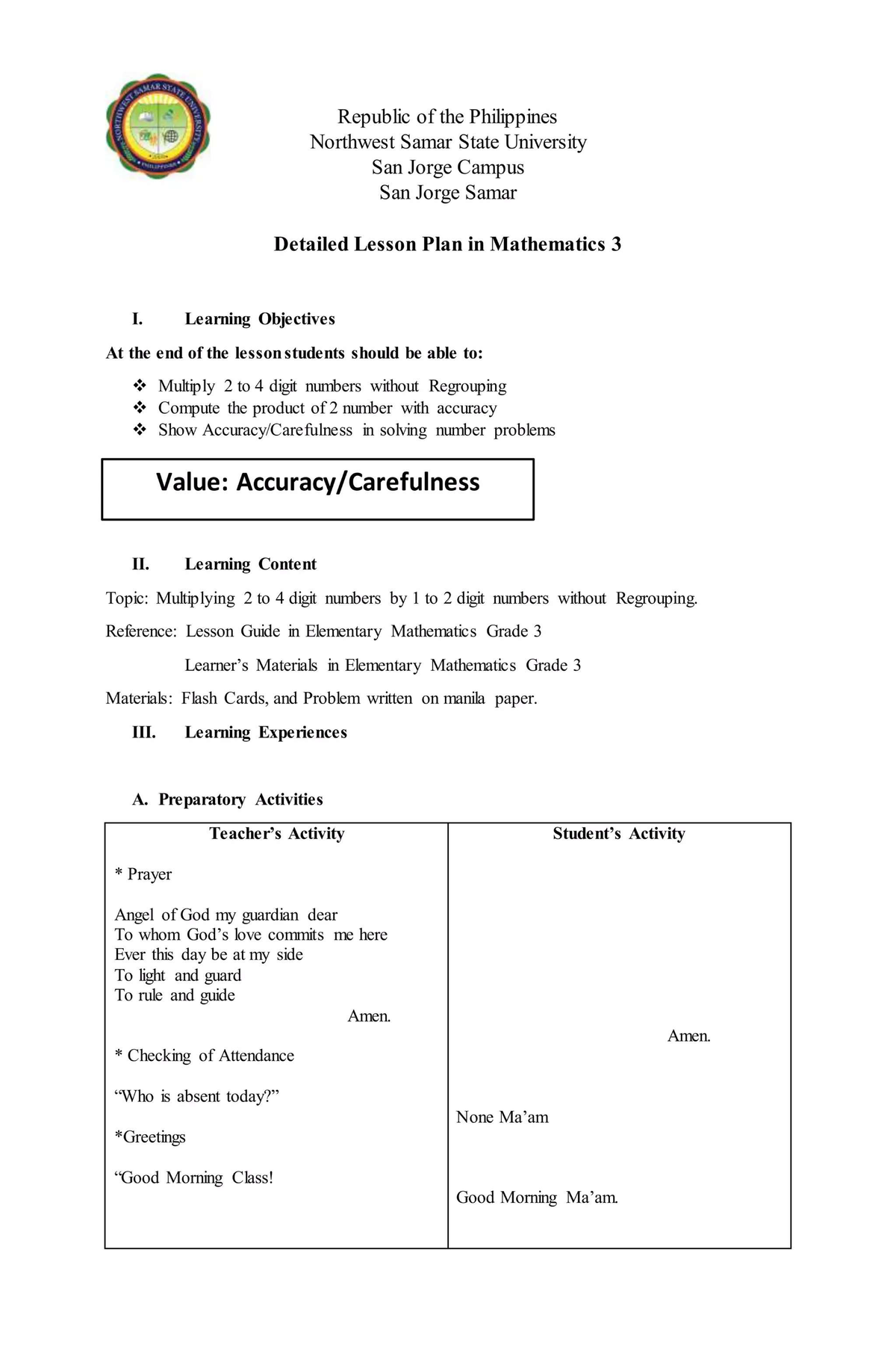 MATH 3 DLP - Detailed Lesson Plan for Multiplying 2 to 4 Digit Numbers ...