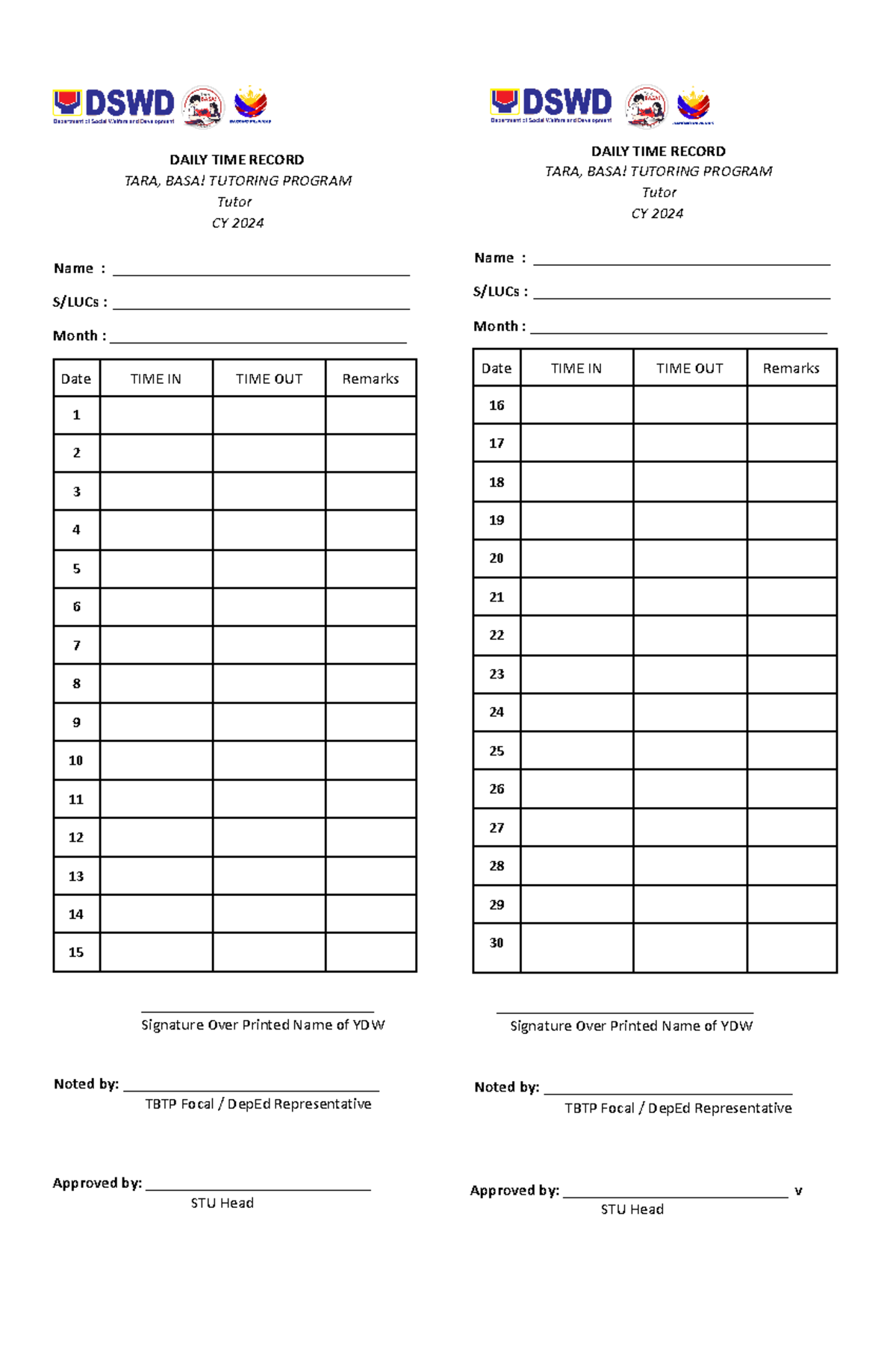 Daily Time Record Template for Tutors - Tara Basa! Tutoring Program ...
