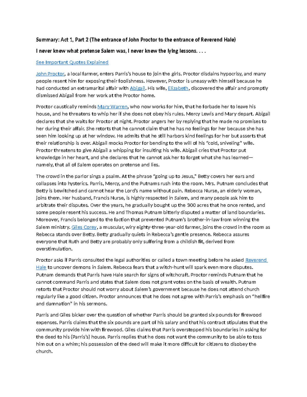 The Crucible Parts 1 & 2: Summary and Analysis Notes - Studocu