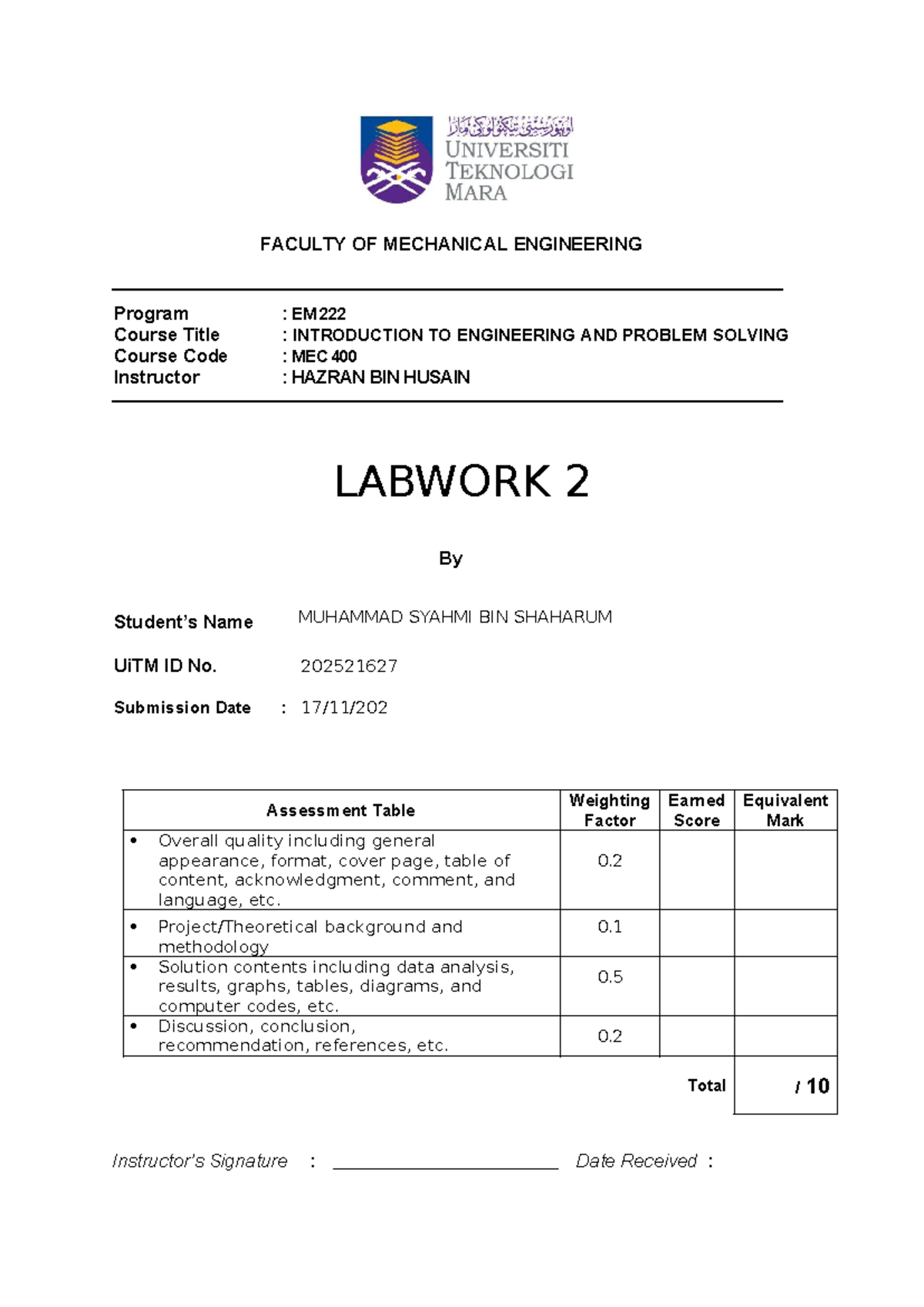 MEC 400: Lab Work 2 - Introduction to Engineering & Problem Solving ...