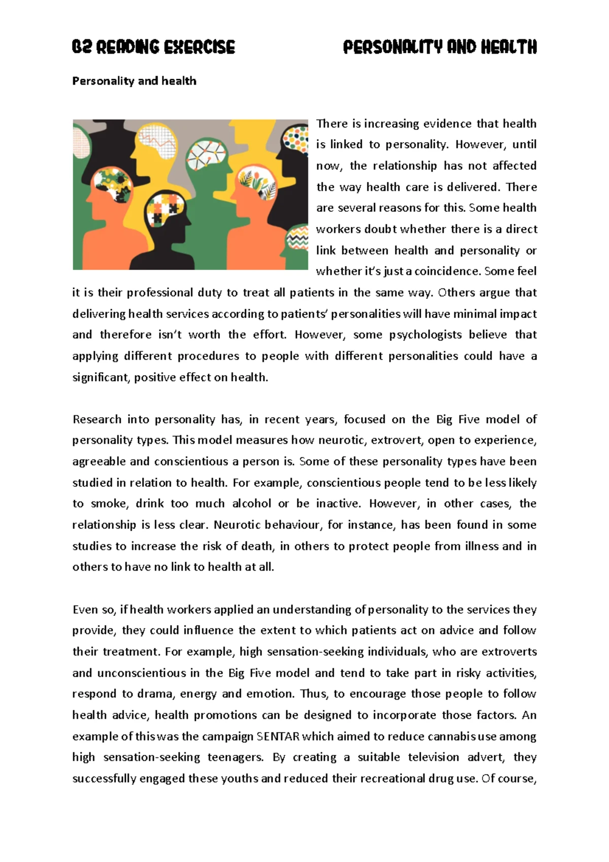 B2 Personality & Health Reading Exercise - Assignment with Key ...