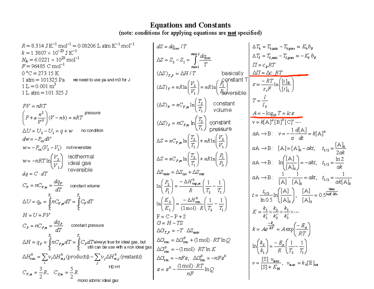 Physical Chemistry Formula Sheet PrintableHD Printable Samples