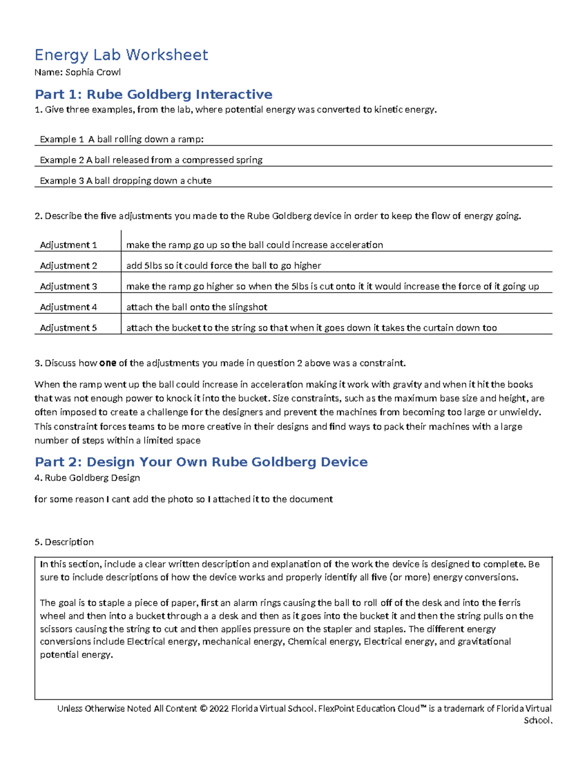 Energy Lab Worksheet: Rube Goldberg Device Design & Analysis (Course ...