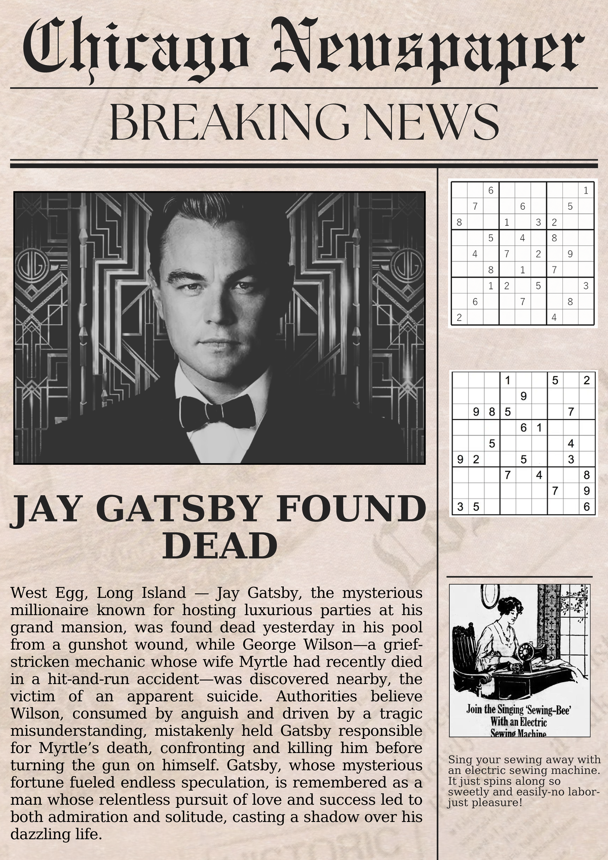Vintage Newspaper: Jay Gatsby Found Dead in Tragic Incident - Studocu