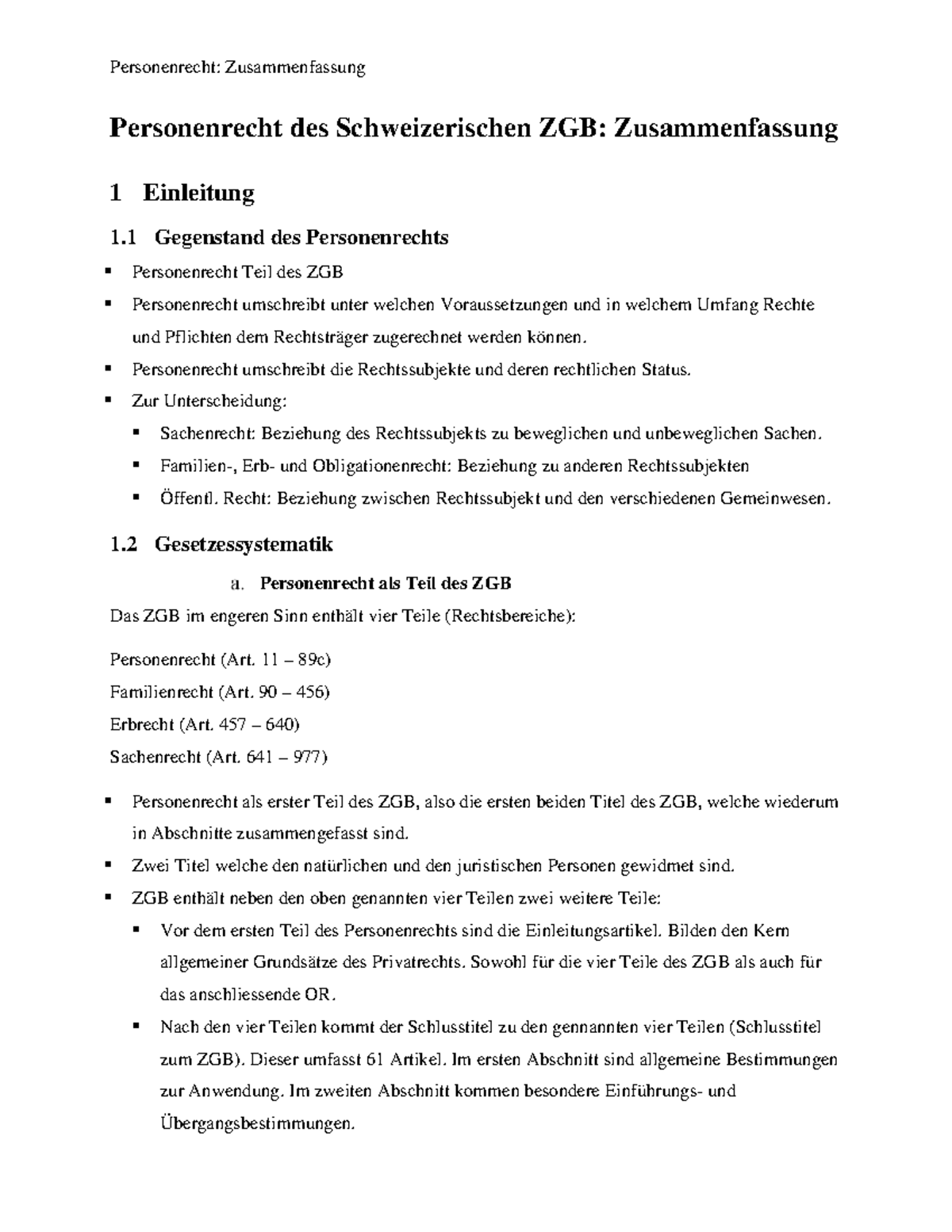 Personenrecht ZGB: Zusammenfassung und Wesentliche Aspekte - Studocu