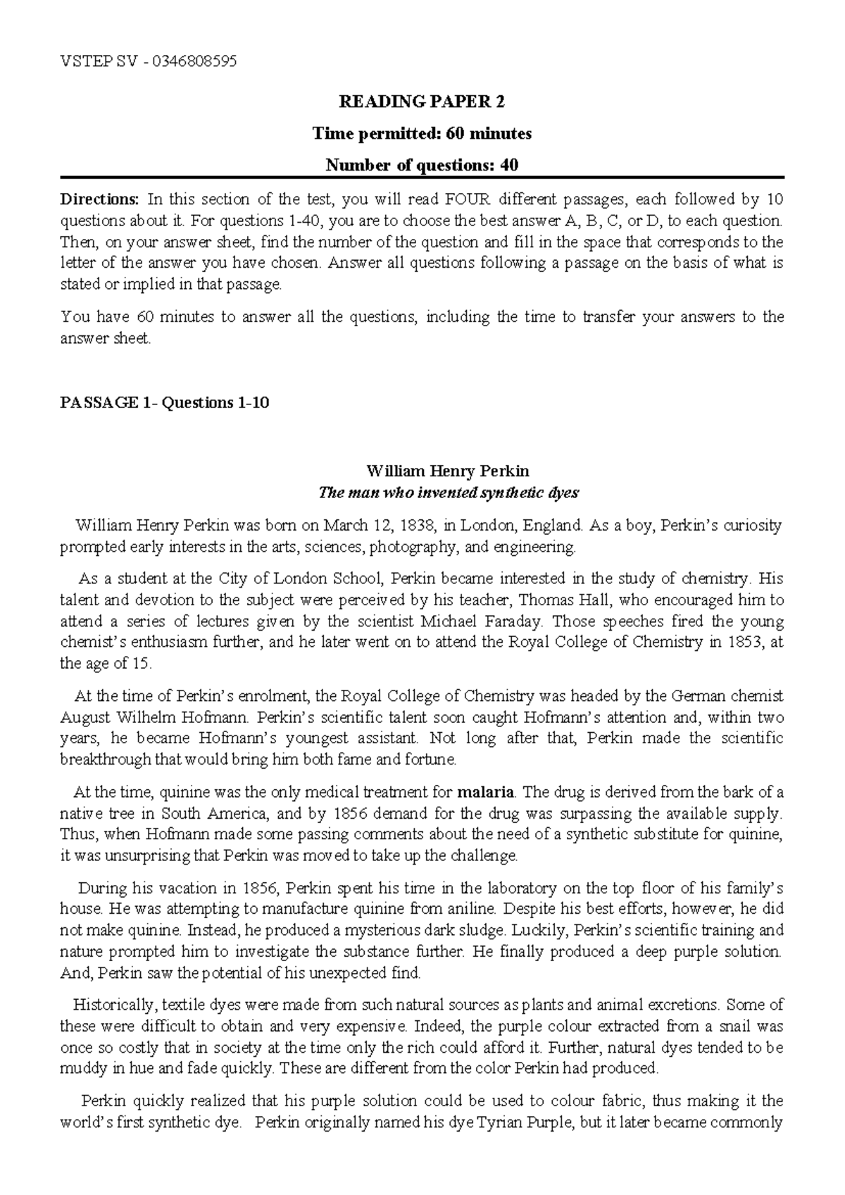 VSTEP SV 0346808595 READING PAPER 2: William Henry Perkin and Early ...
