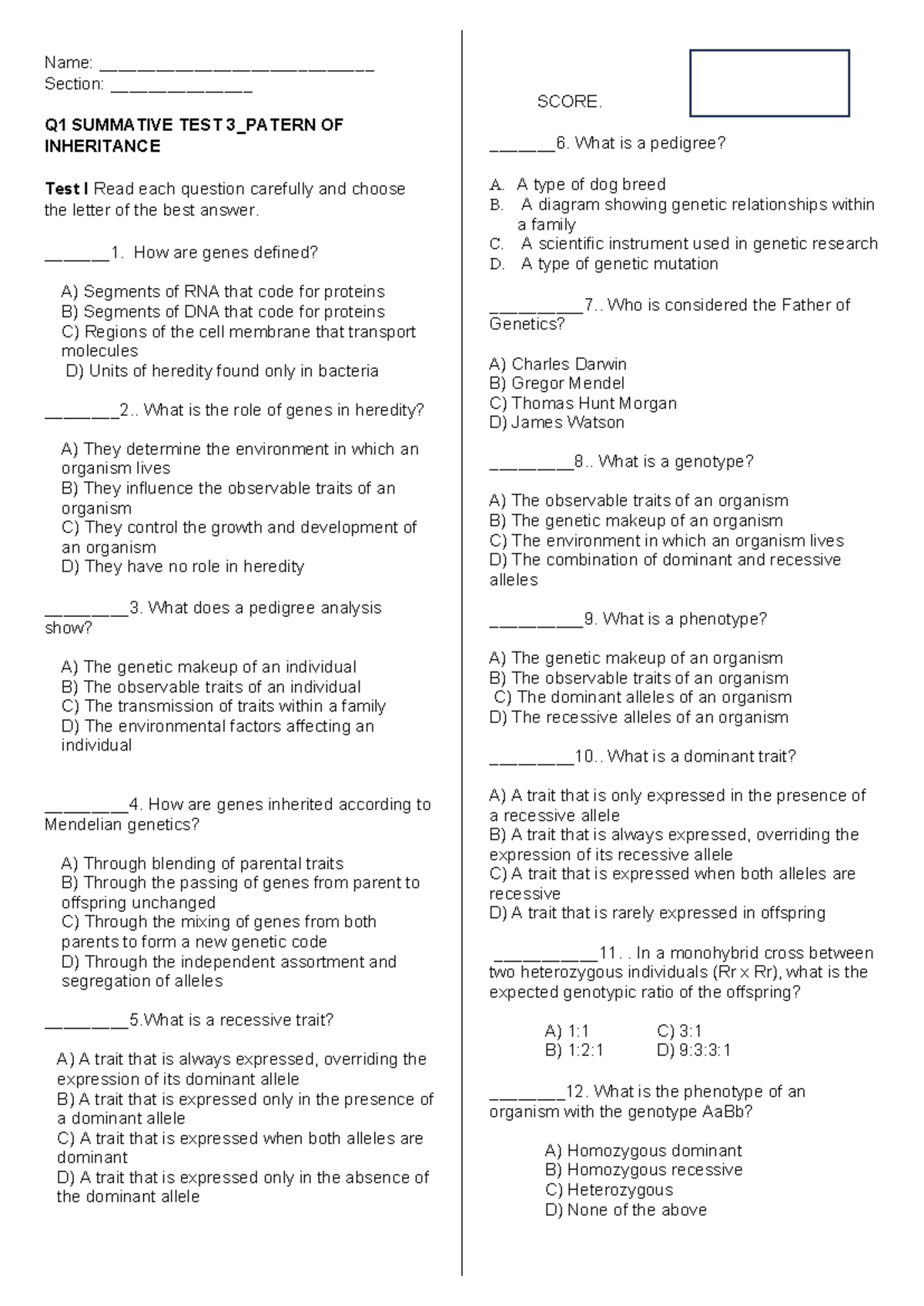 Q1 SUMMATIVE TEST 3: PATTERN OF INHERITANCE (25) - Studocu