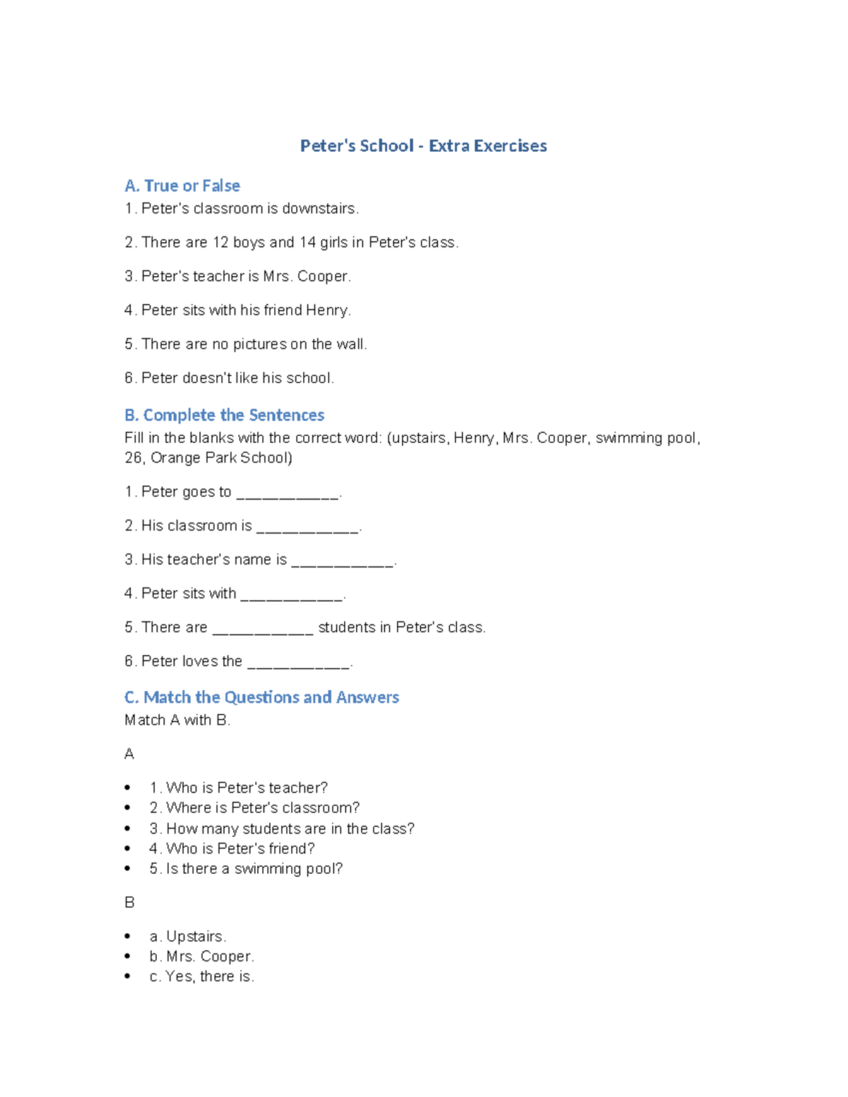Peters School Extra Exercises: True/False & Fill-in-the-Blanks - Studocu
