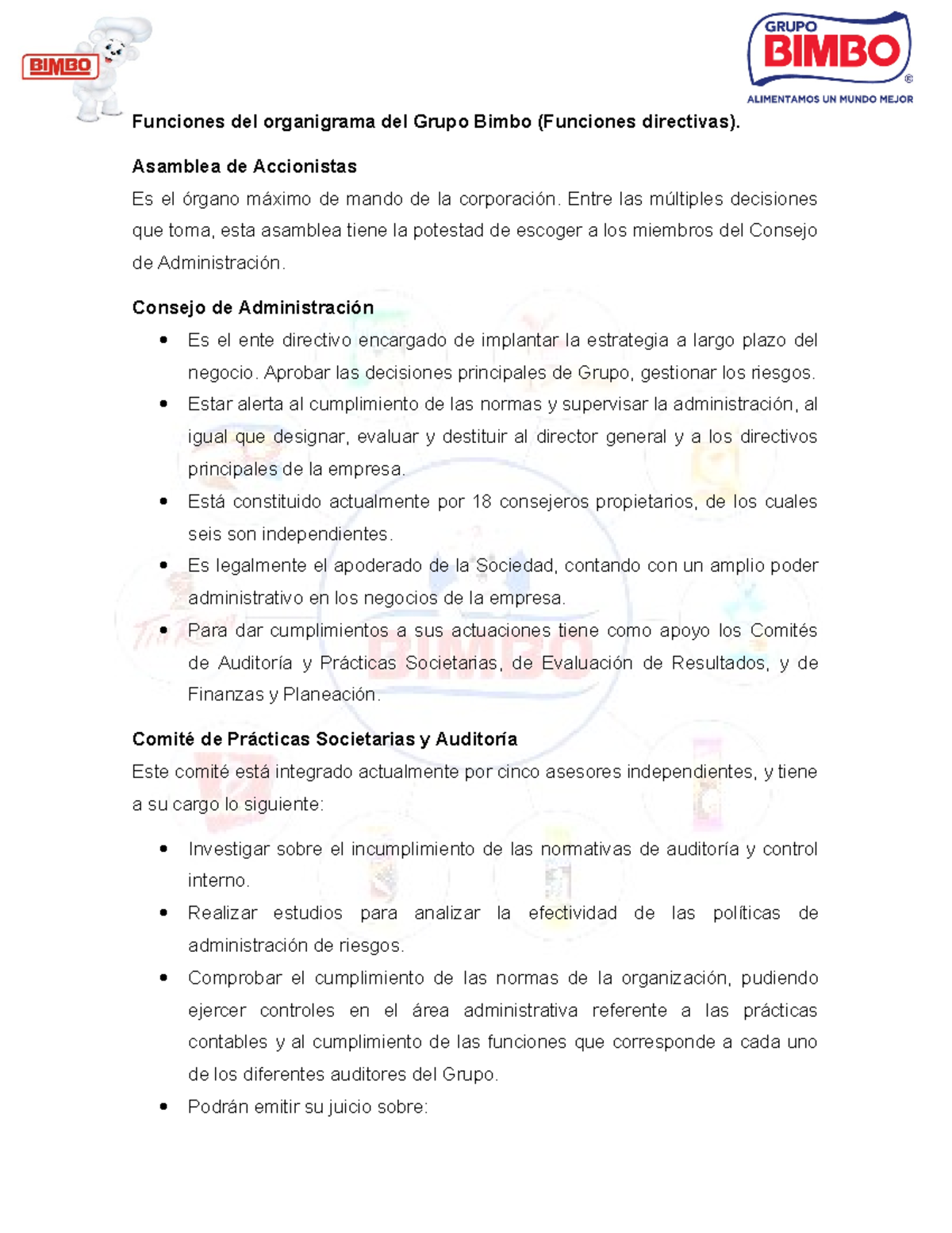Funciones del Organigrama de Grupo Bimbo: Estructura y Responsabilidades - Studocu