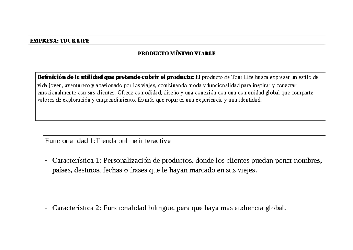 Producto Mínimo Viable - EMPRESA: TOUR LIFE PRODUCTO MÍNIMO VIABLE ...
