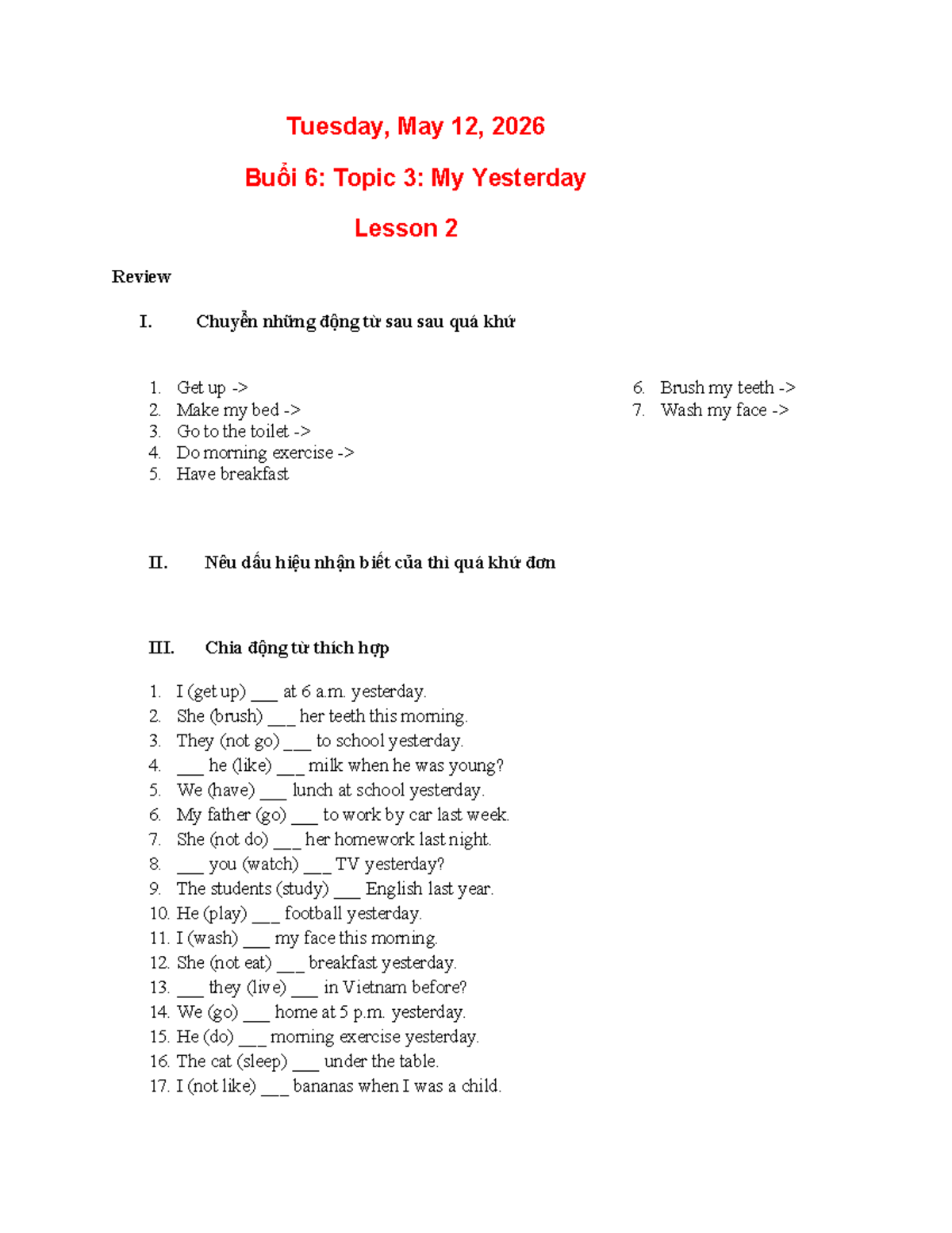 Buổi 6: My Yesterday - Lesson 2 Review - Studocu