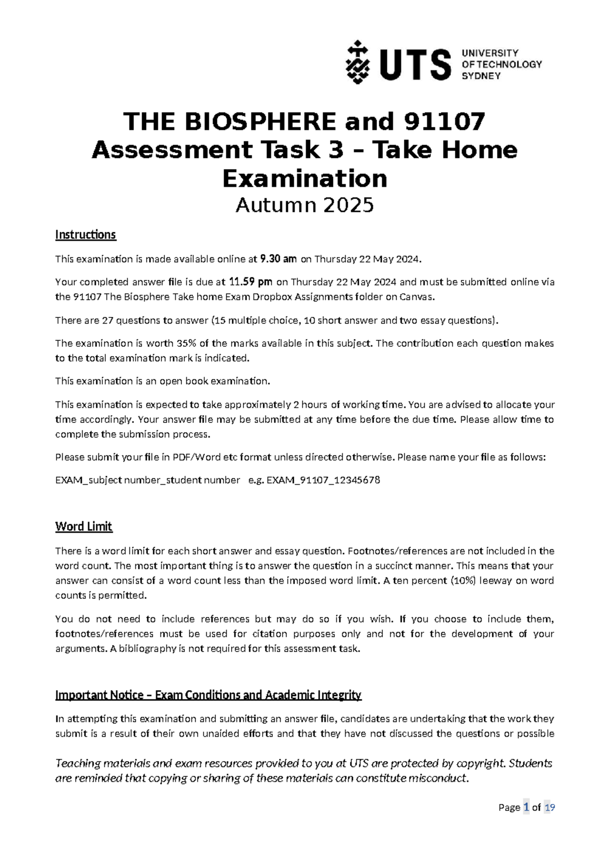 91107 - The Biosphere - Take Home Exam Instructions Autumn 2025 - Studocu