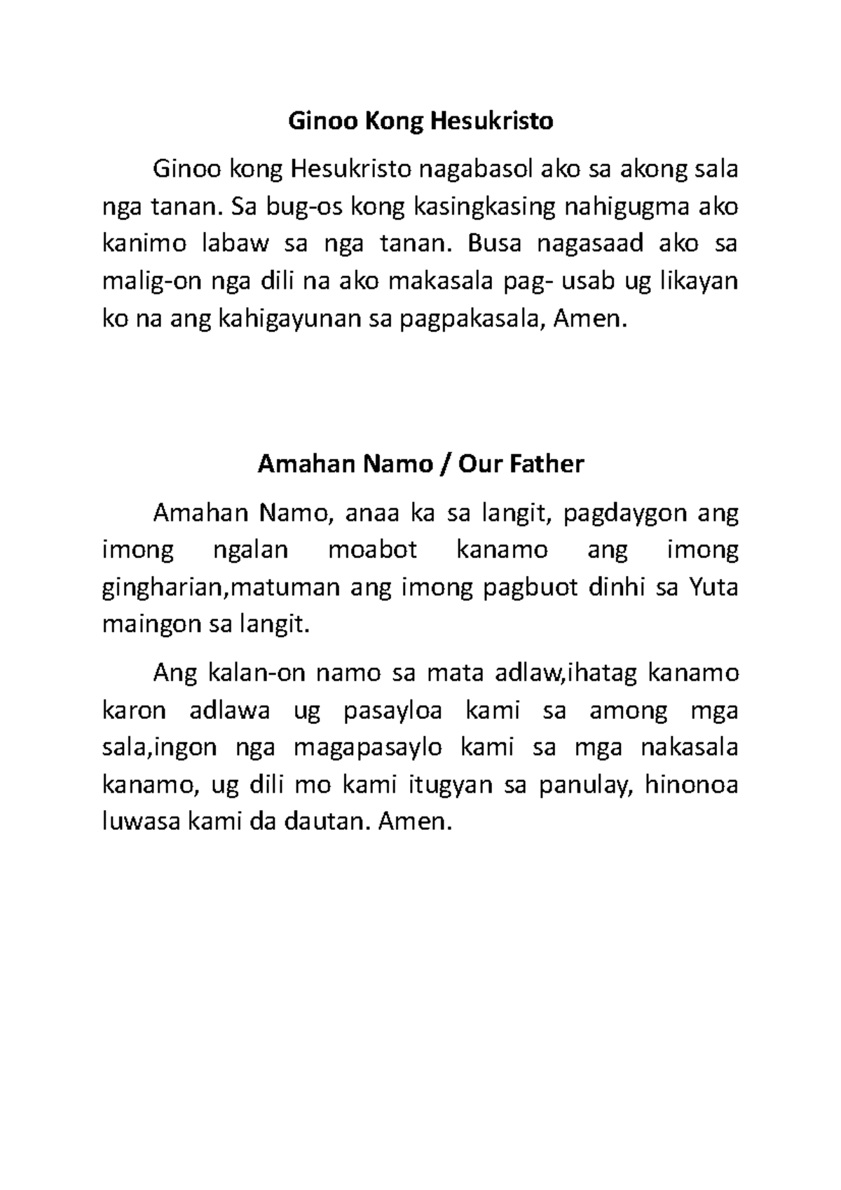 Ginoo Kong Hesukristo - Visayan Prayer Notes and Reflections - Studocu