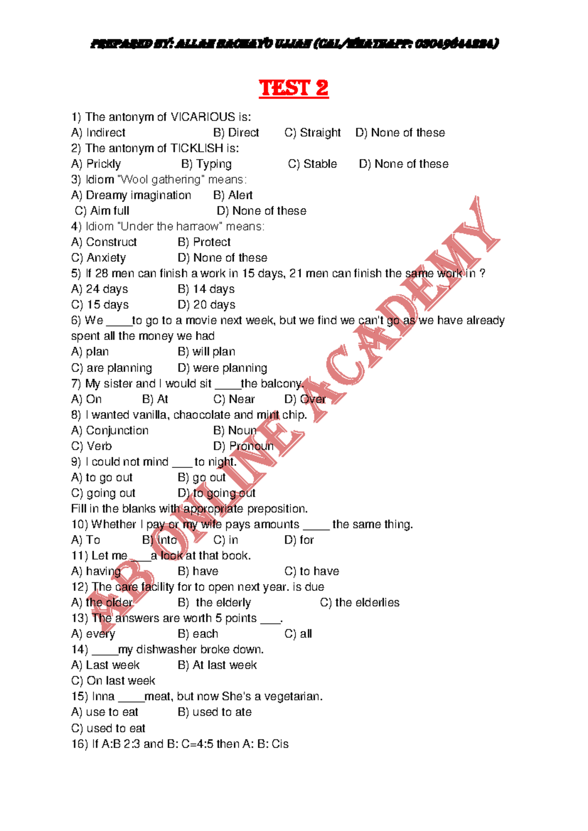 Test 2 - General Knowledge MCQs for Exam Preparation - Studocu