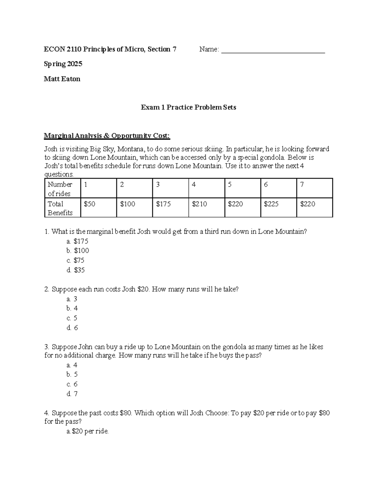 Exam 1 Practice Problem Sets for ECON 2110: Principles of Micro - Studocu