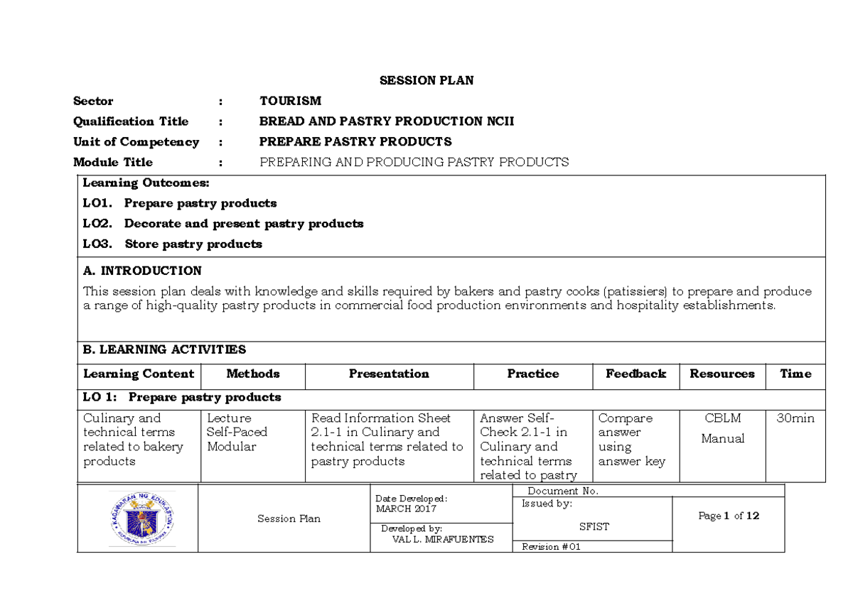 Session Plan for BREAD AND PASTRY PRODUCTION NCII: Preparing Pastry ...