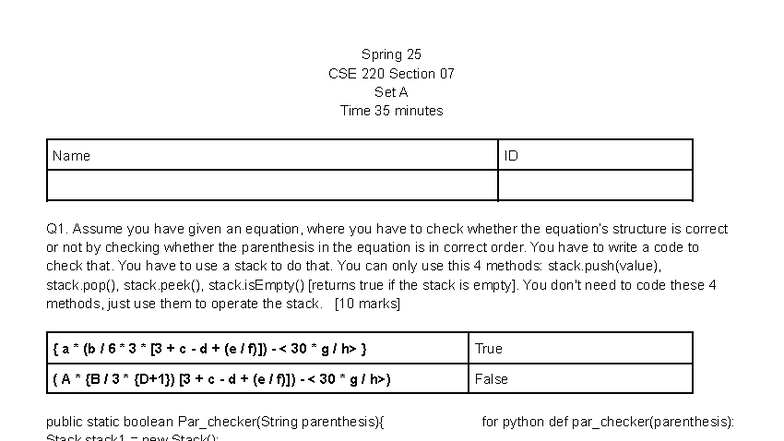 Spring 25 CSE 220 S7 Quiz 02 SET A: Stack Parenthesis Checker - Studocu