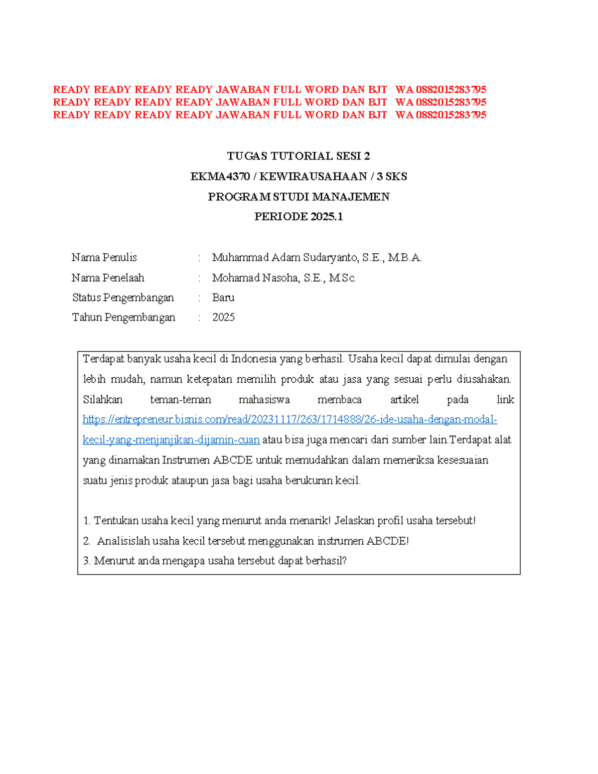 Tugas Tutorial 2: Analisis Usaha Kecil dengan Instrumen ABCDE EKMA4370 - Studocu