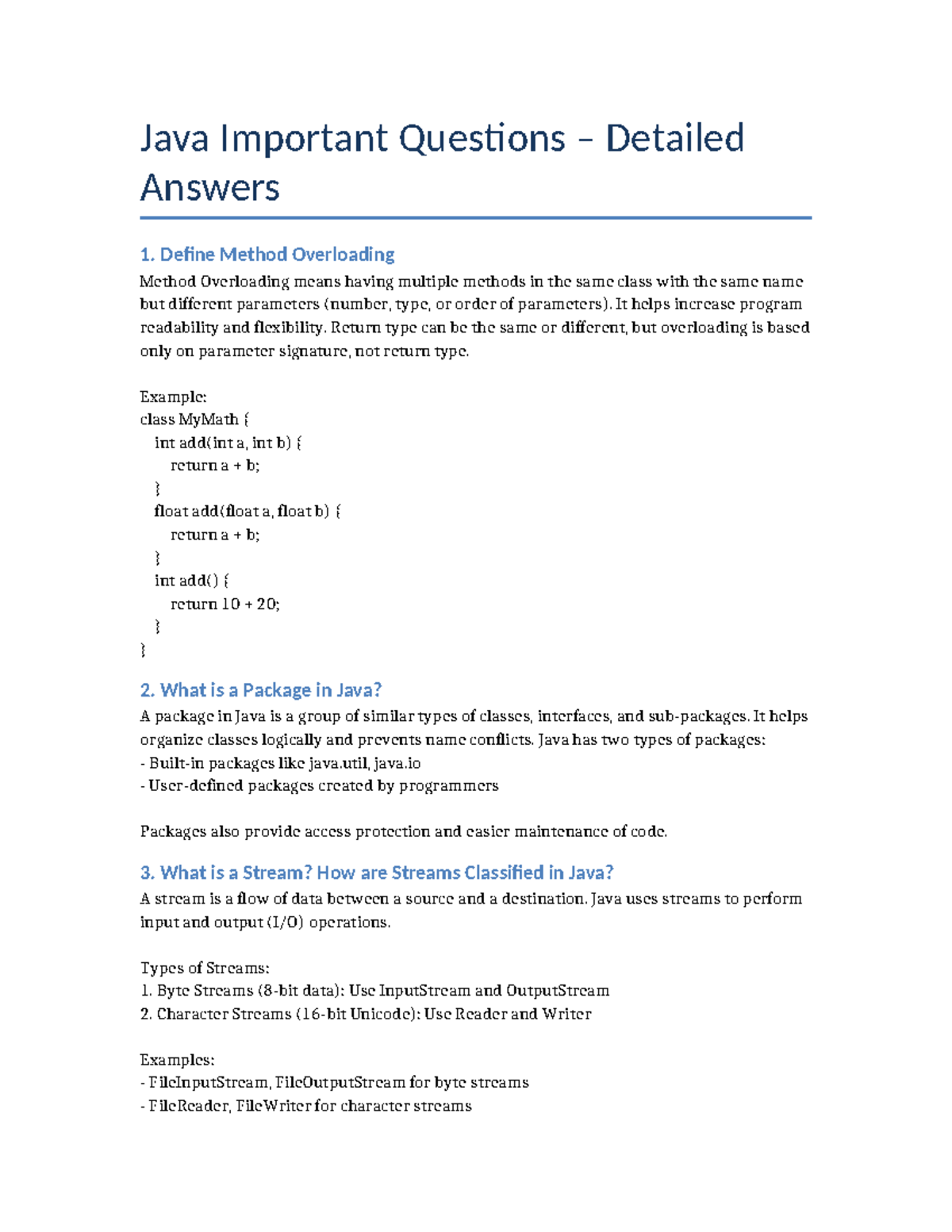 Java Important Questions & Detailed Answers for Exam Preparation - Studocu