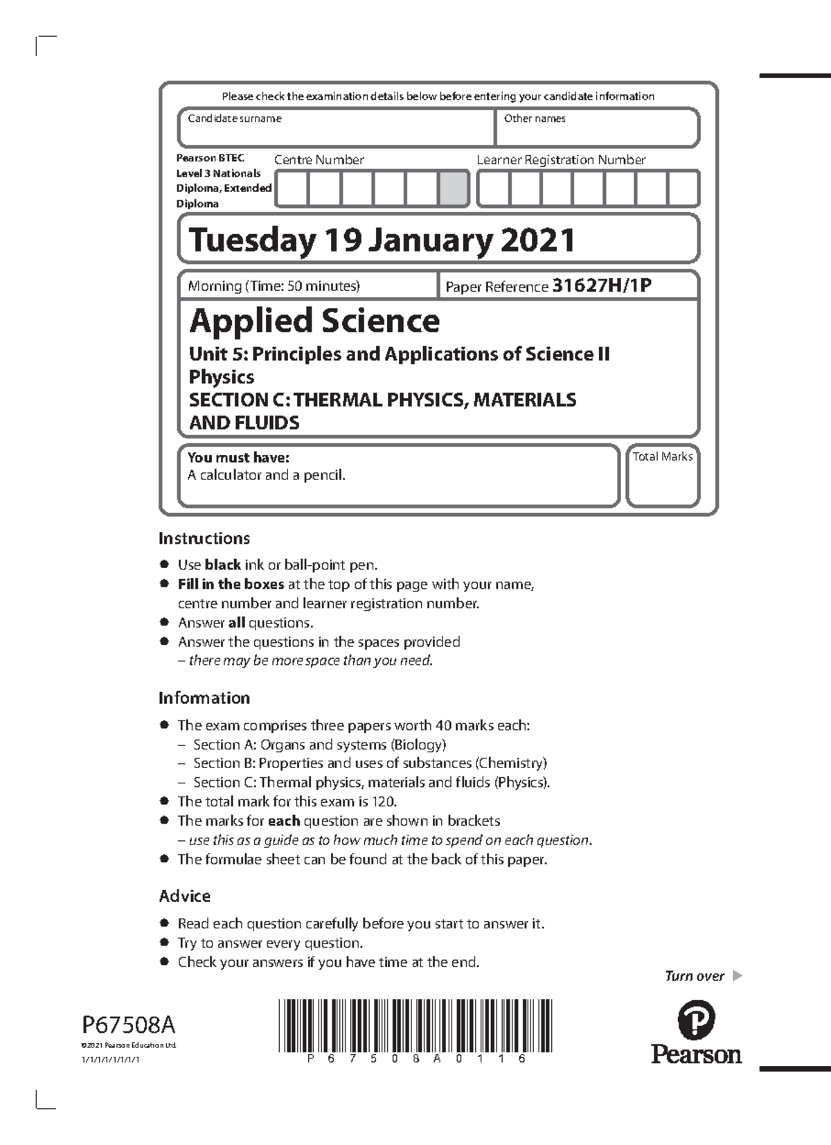 BTEC Applied Science 31627H Unit 5 Section C Exam Paper - Jan 2021 ...
