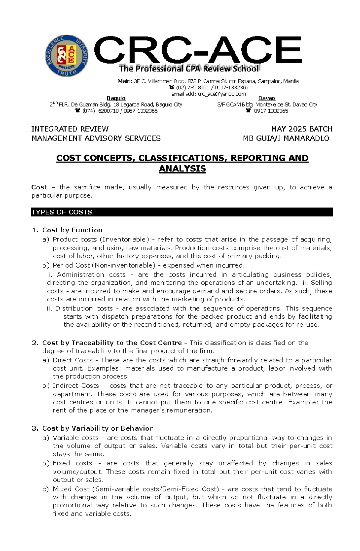 Integ MAS Lecture 3 COST Concepts Reviewee COPY - The Professional CPA Review School Davao 3 /F ...