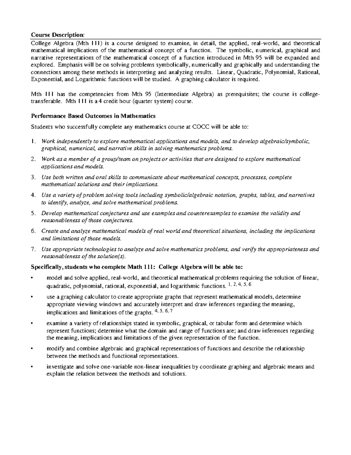 Course Description - Course Description: College Algebra (Mth 111) is a ...