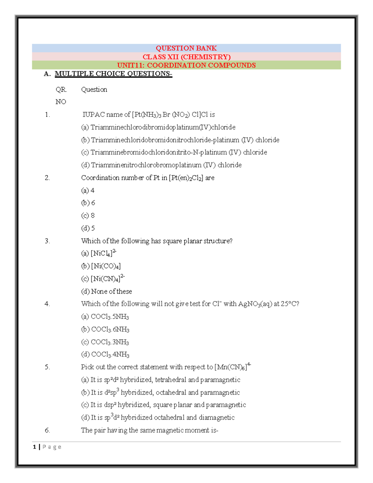 QUESTION BANK CLASS XII (CHEMISTRY) UNIT 11: MCQs on Coordination ...