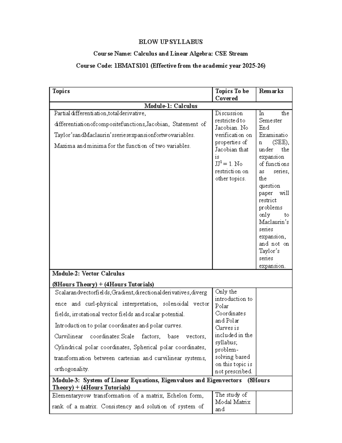 CSE 1BMATS101: Calculus & Linear Algebra Syllabus Overview - Studocu