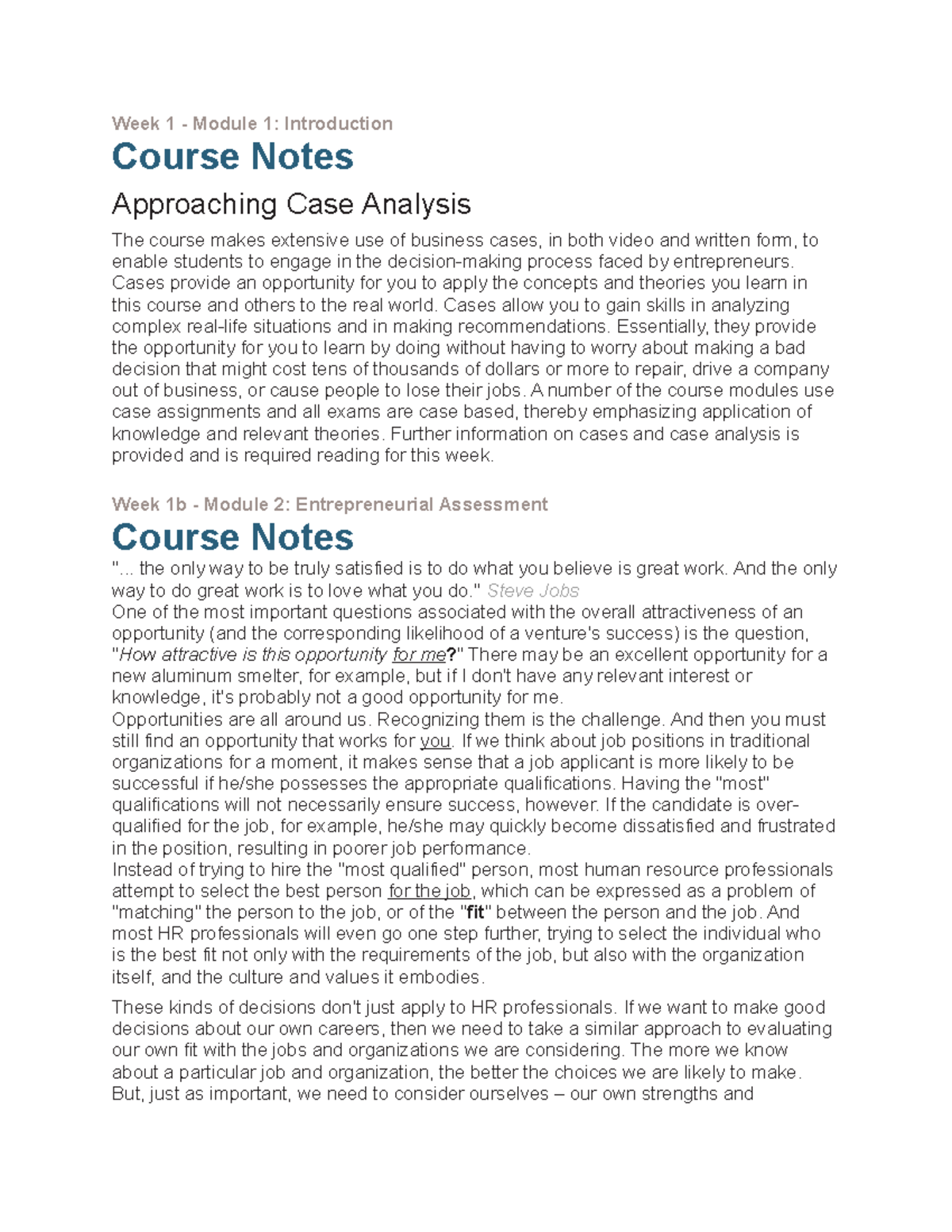 Week 1 to 3a - Course Notes - Week 1 - Module 1: Introduction Course ...