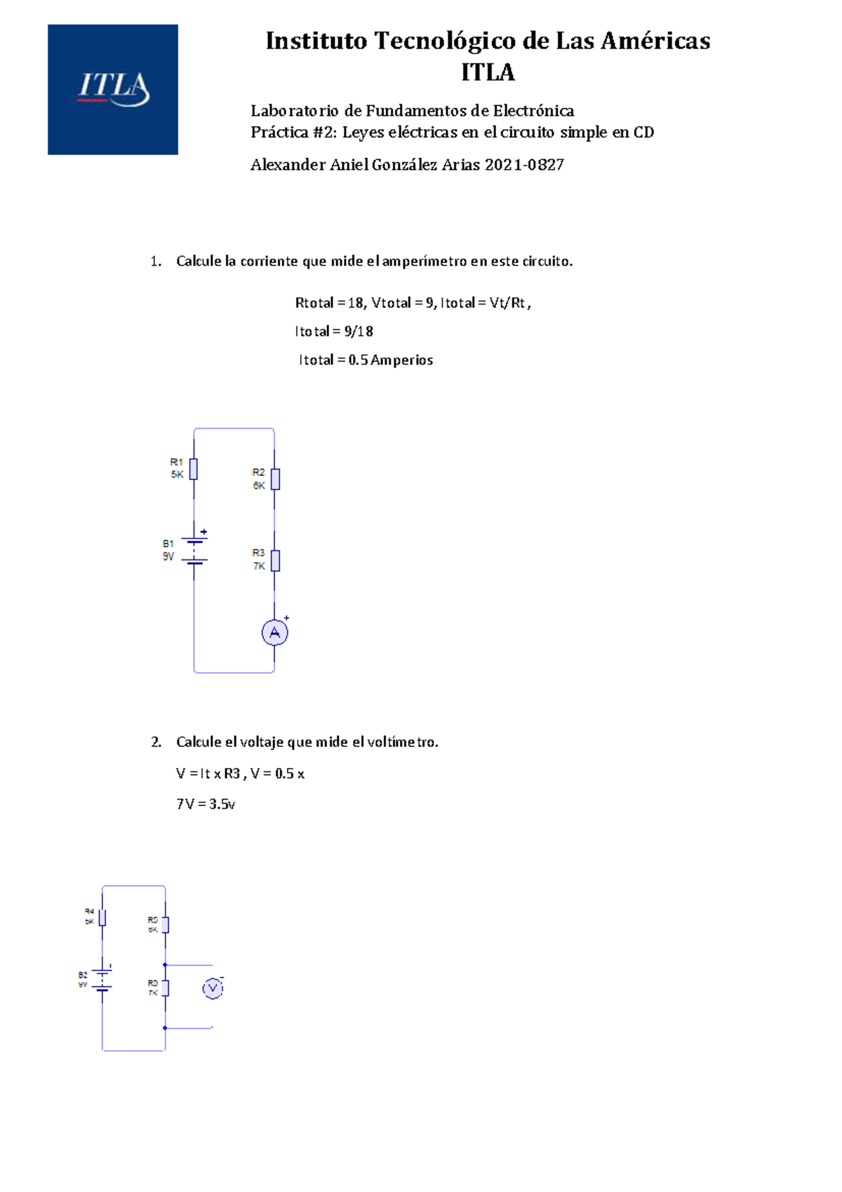 Práctica #2: Leyes Eléctricas en Circuitos Simples en CD - ITLA - Studocu