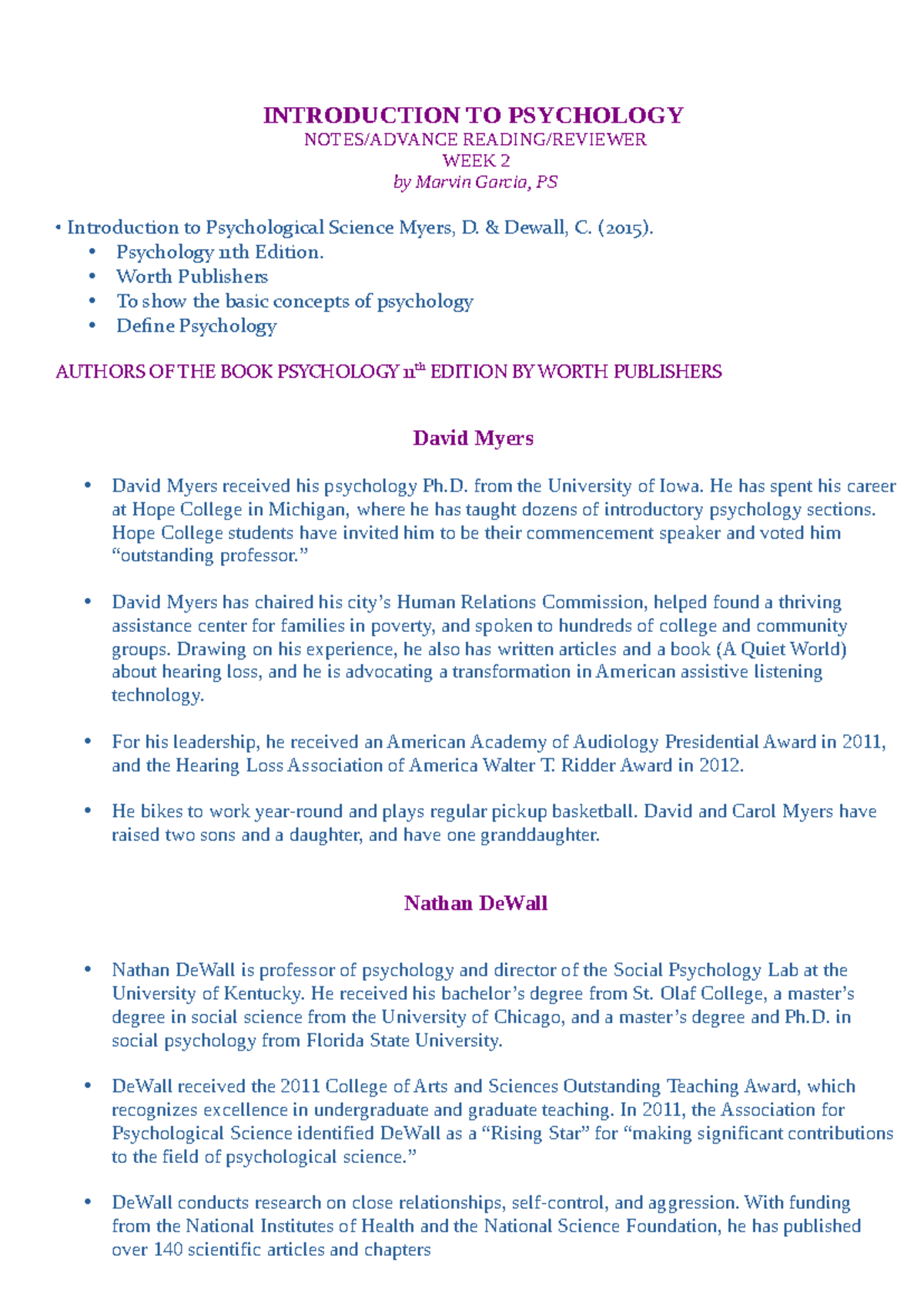 Introtopsychapter 1 2 3 - INTRODUCTION TO PSYCHOLOGY ####### NOTES ...