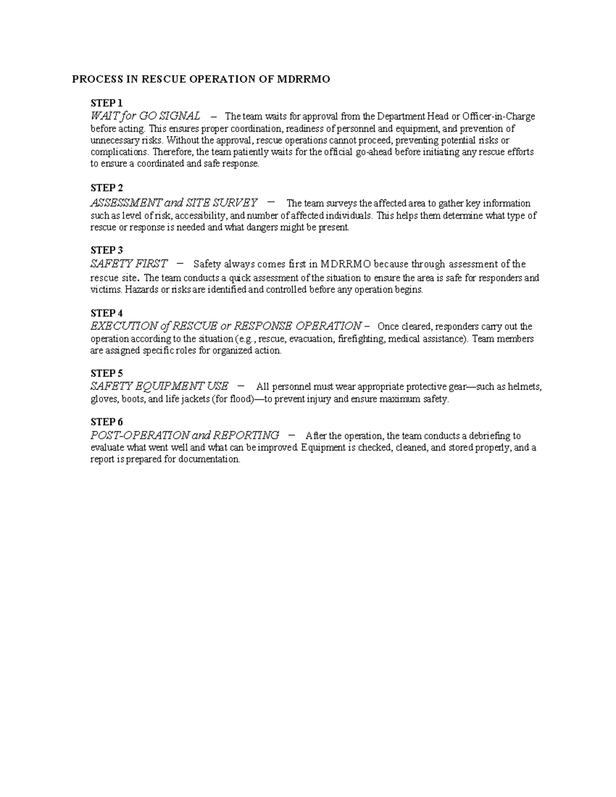 MDRRMO Rescue Operation Process: Steps for Effective Response - Studocu