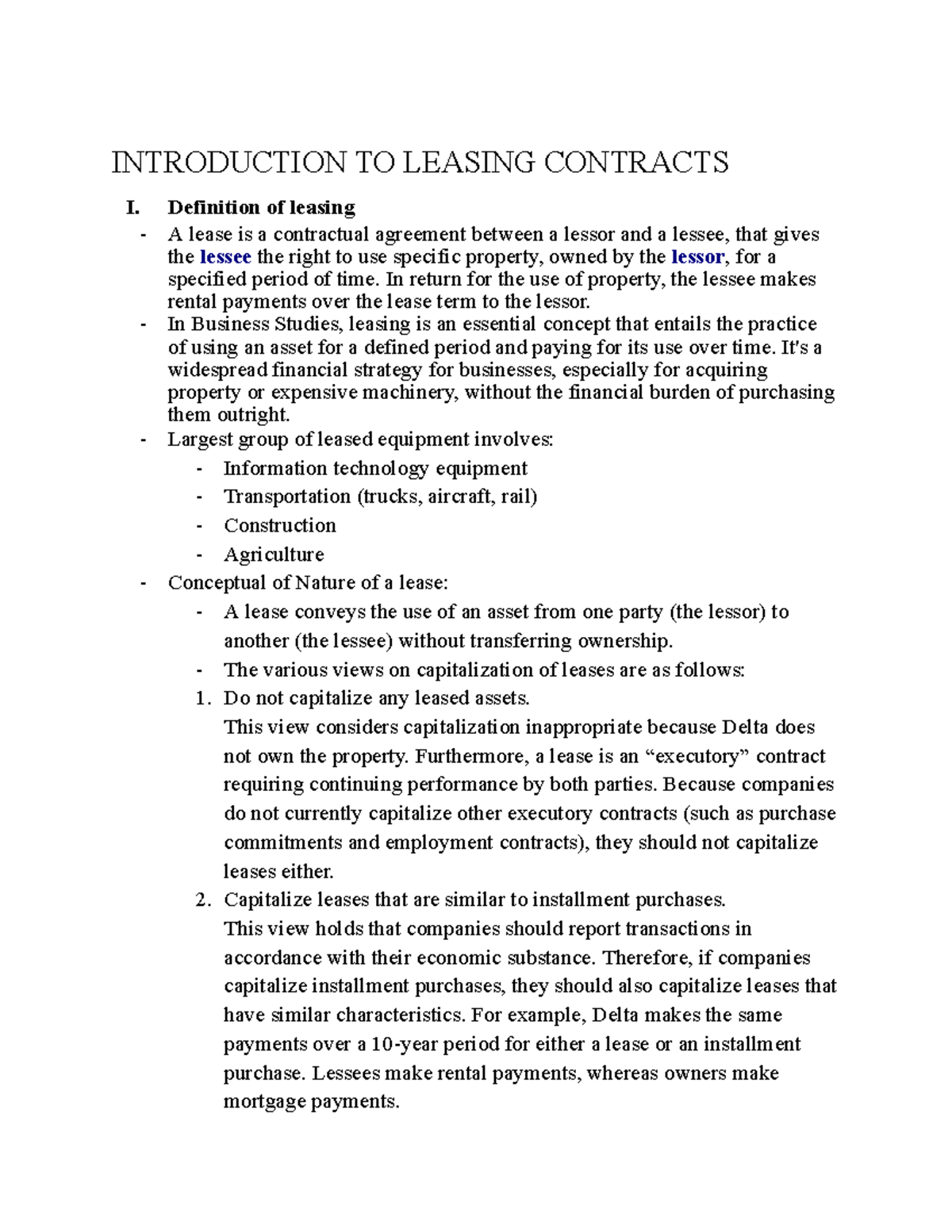 Introduction TO Leasing Contracts - INTRODUCTION TO LEASING CONTRACTS I ...