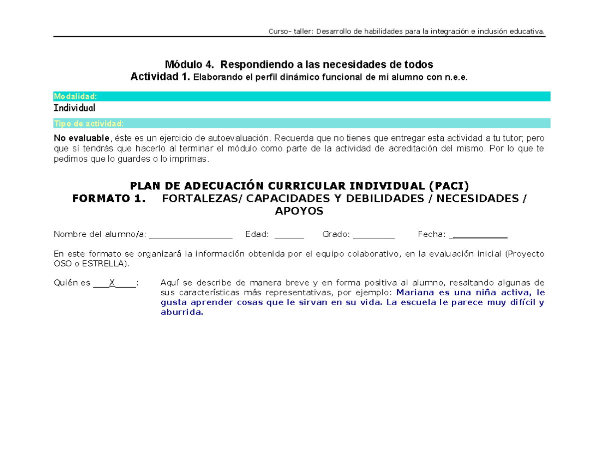 Formato 1 PACI M: Evaluación Inicial para el Perfil Funcional del ...