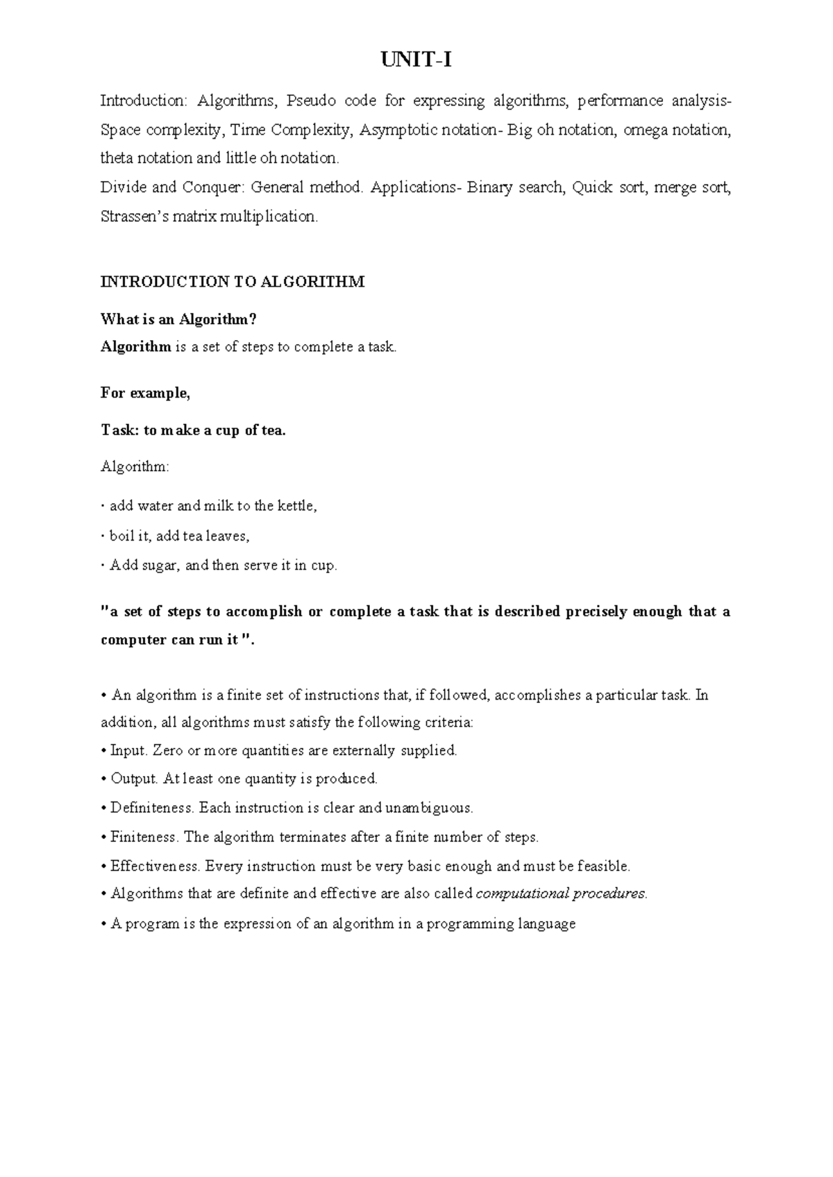 Unit II: DAA - CS3CO42 - Introduction to Algorithms and Complexity ...