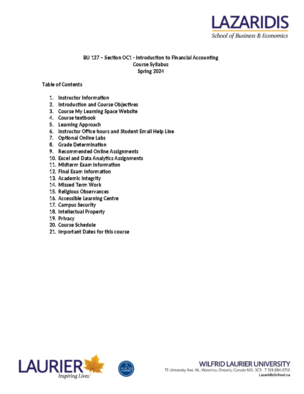 BU 127 Course Outline: Financial Accounting Spring 2024 - Sec OC1 - Studocu