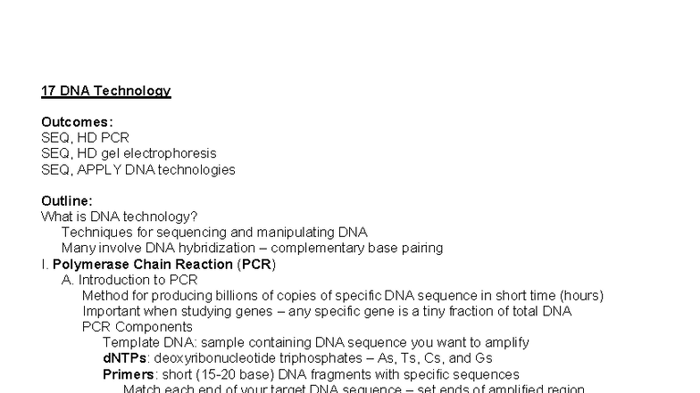 17 DNA Technology Outcomes: PCR & Gel Electrophoresis Overview - Studocu