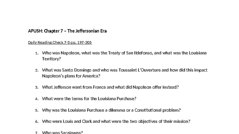 APUSH: Chapter 7 Daily Reading Check on The Jeffersonian Era - Studocu