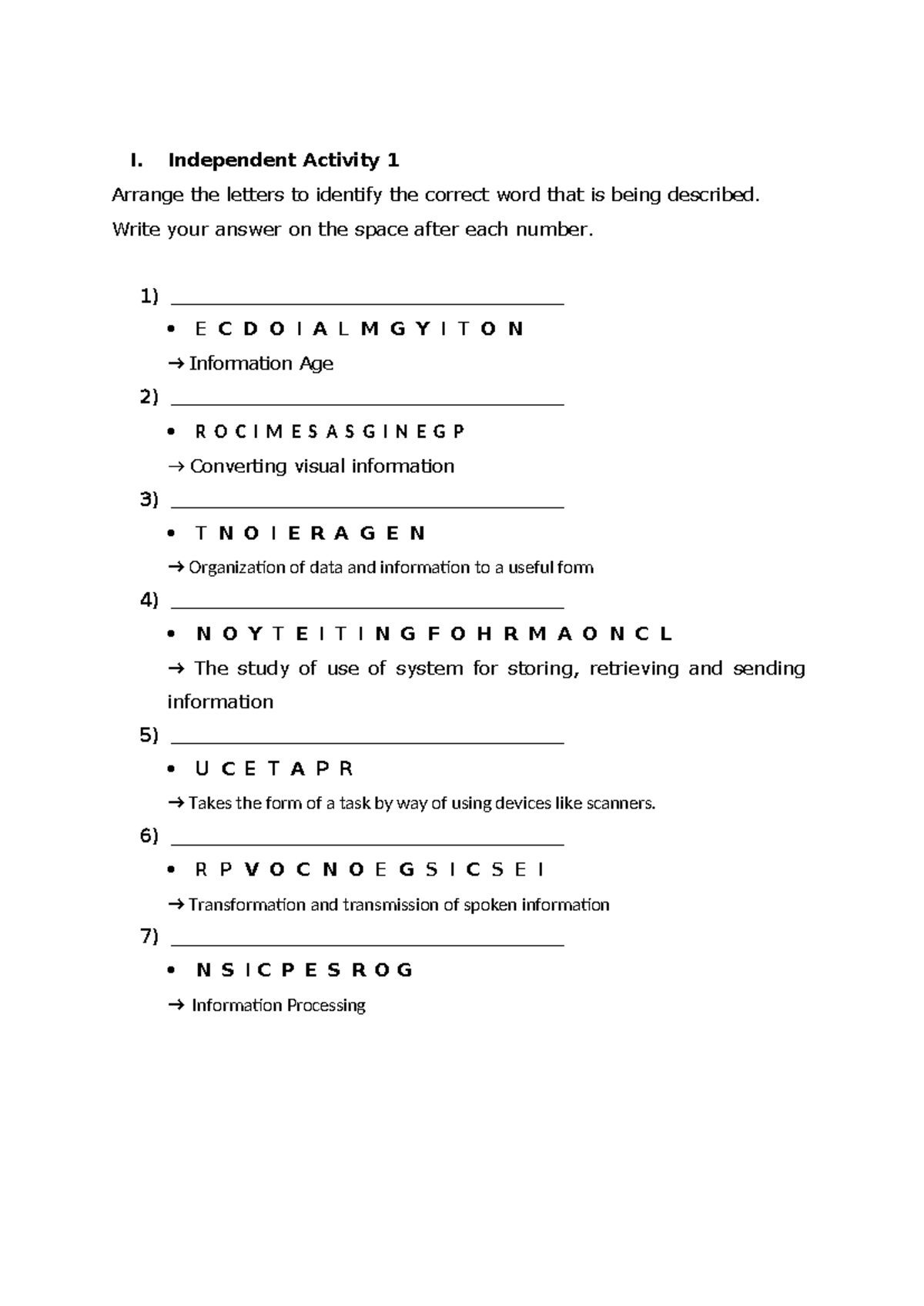 Independent Activity 1: Word Arrangement & IT Questions - Studocu