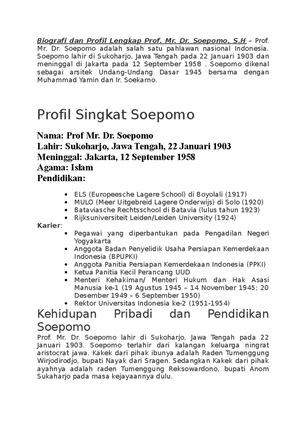 Biografi Prof. Mr. Dr. Soepomo: Pahlawan Nasional Indonesia - Studocu